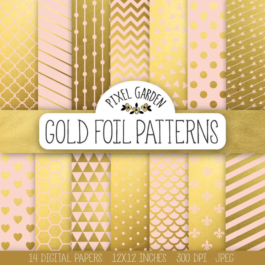 Gold Foil & Pink Digital Paper. Metallic Golden, Peach Scrapbook Paper ...