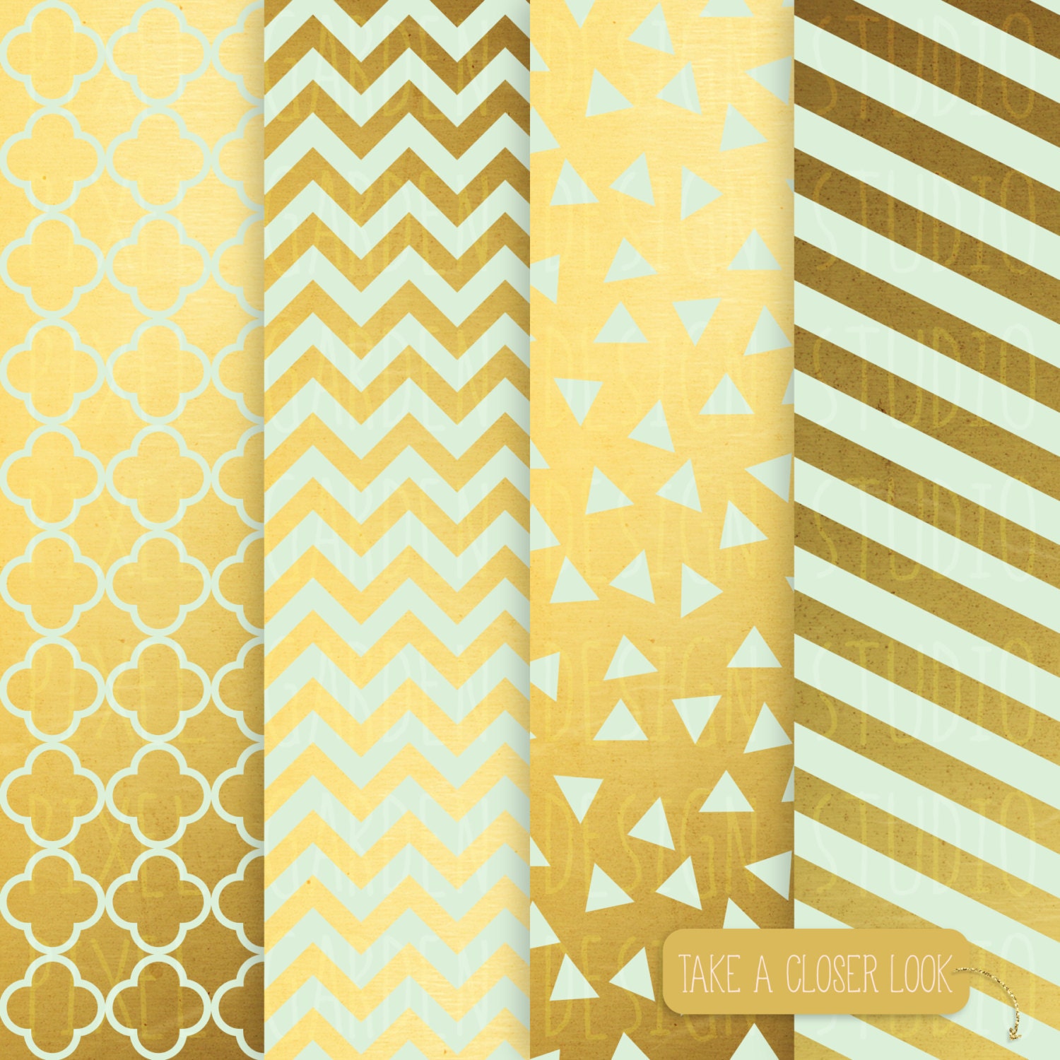 Gold & Mint Digital Paper. Gold Foil Scrapbook Paper. Mint | Etsy