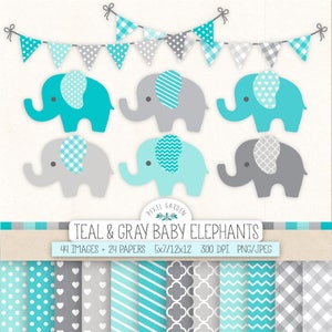 Elephant Clip Art for Baby Shower. Baby Boy Digital Paper & Banners in ...