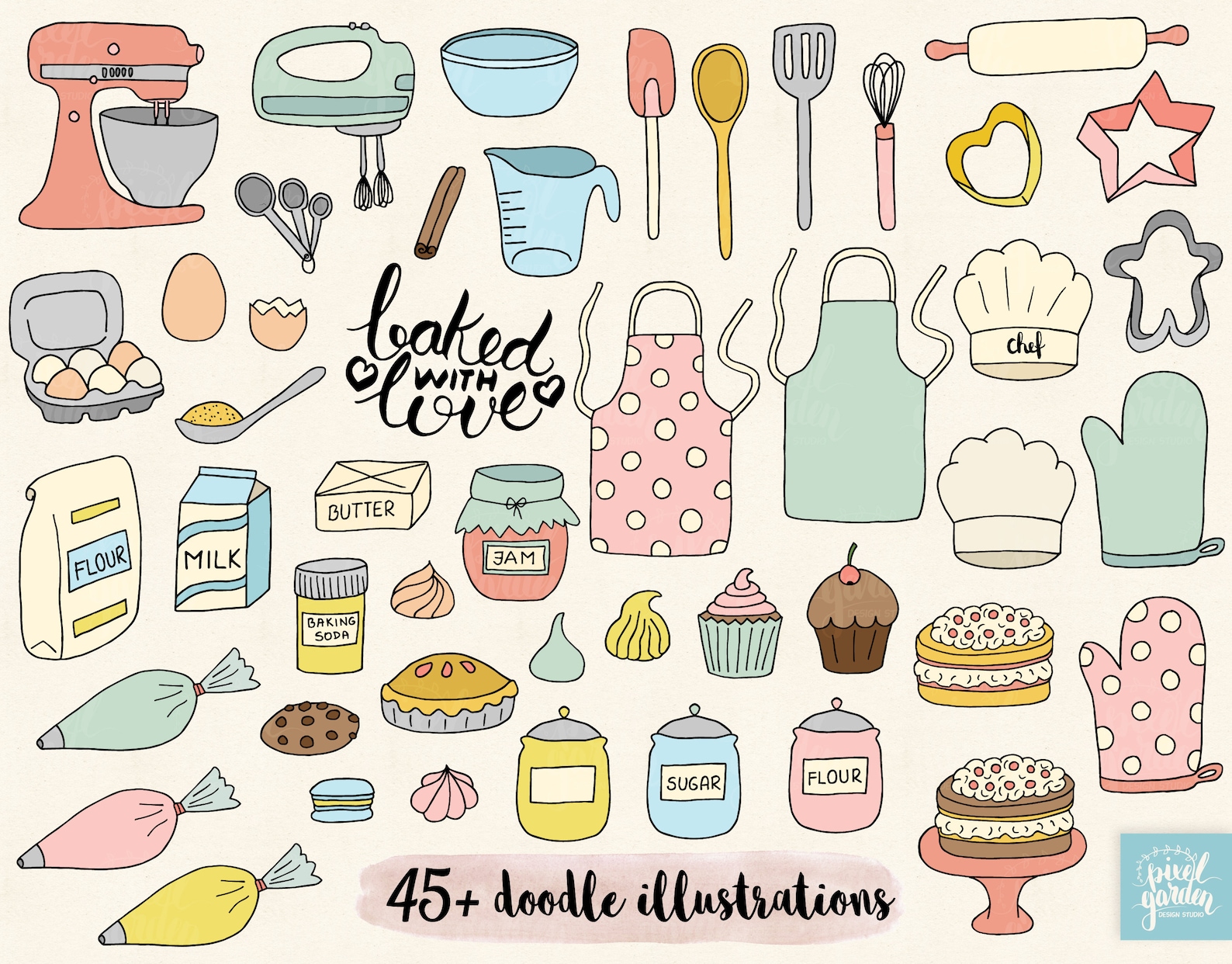 Baking Clipart. Hand Drawn Cake, Cookie, Meringue Clip Art. Bakery ...