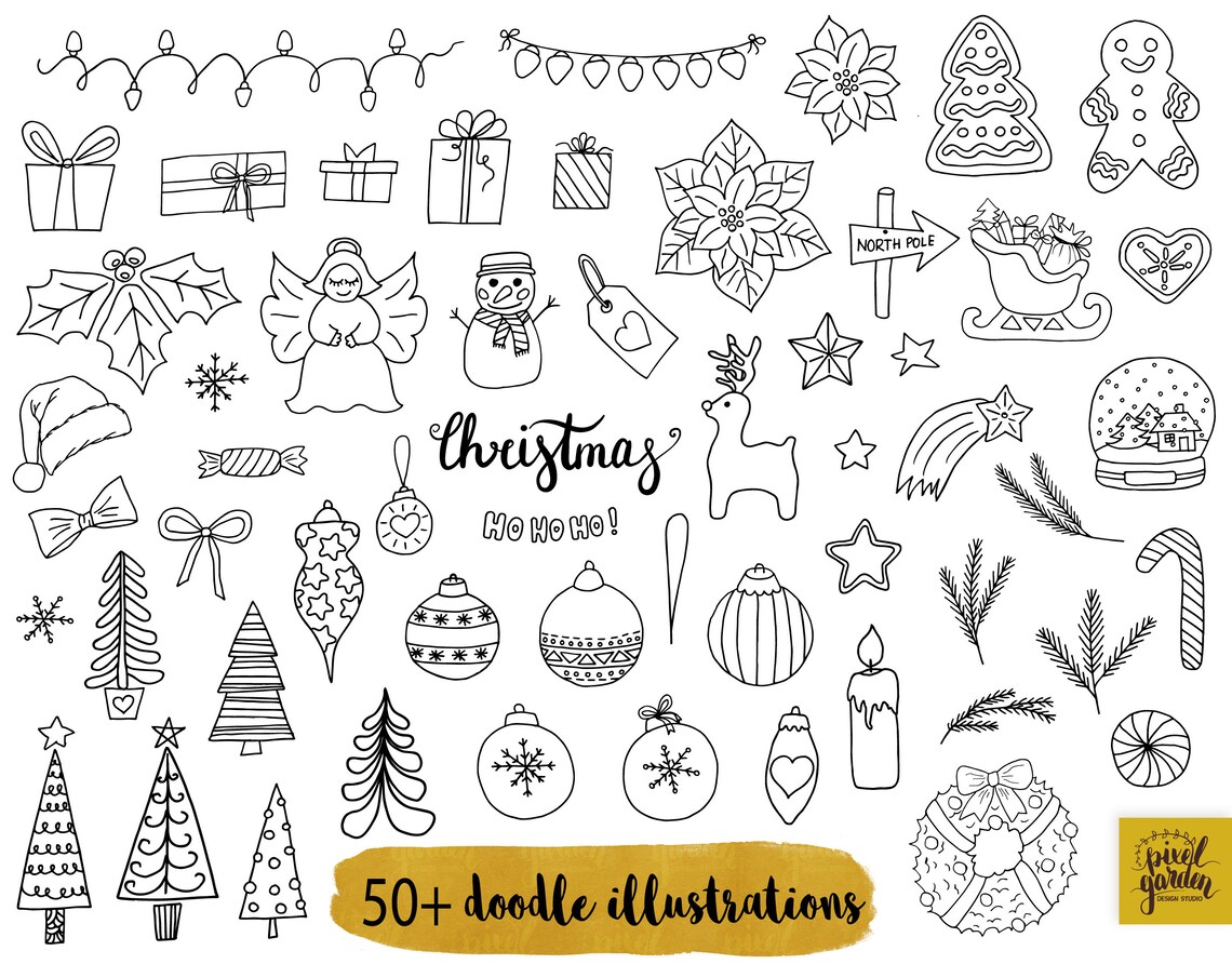 Doodle Christmas Clipart. Black & White Winter, Christmas Tree ...