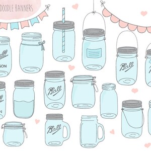 Mason Jar Clip Art. Hand Drawn Pastel Pink & Blue Mason Jars. Doodle ...