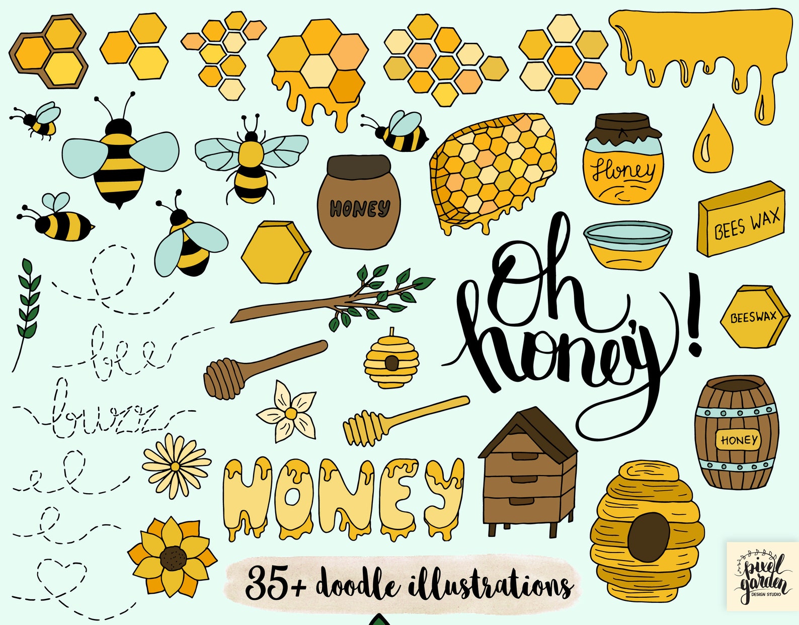 Bee Clipart. Hand Drawn Honey, Hive Clip Art. Doodle Floral Summer ...