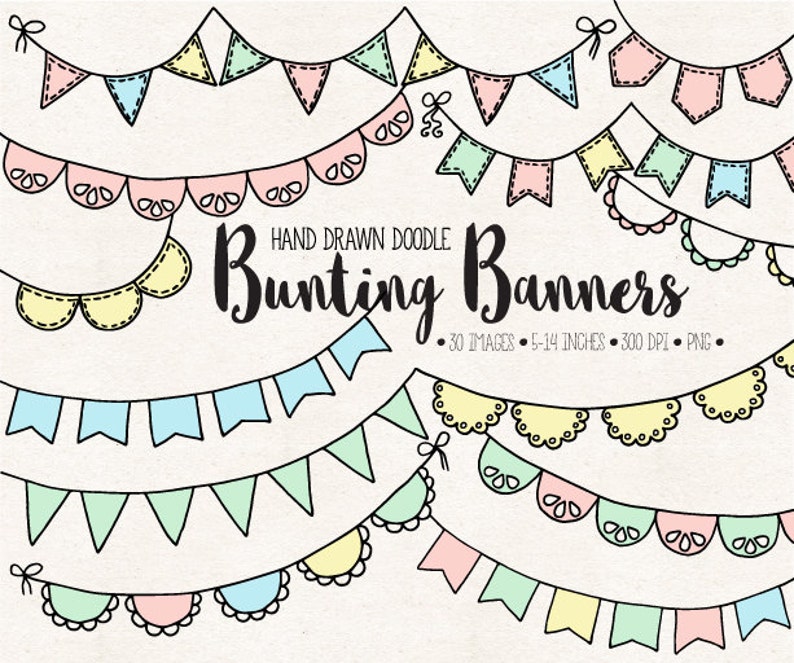 Bunting Banner Clip Art. Doodle Flag Banners. Hand Drawn Party Garland ...