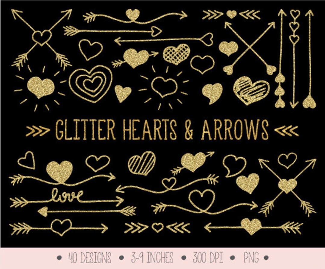 Gold Glitter Hearts and Arrows Clip Art. Valentine's Day Doodle Arrows ...