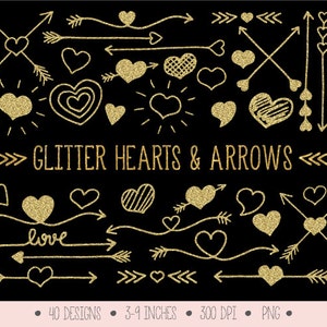 Gold Glitter Hearts and Arrows Clip Art. Valentine's Day Doodle Arrows ...