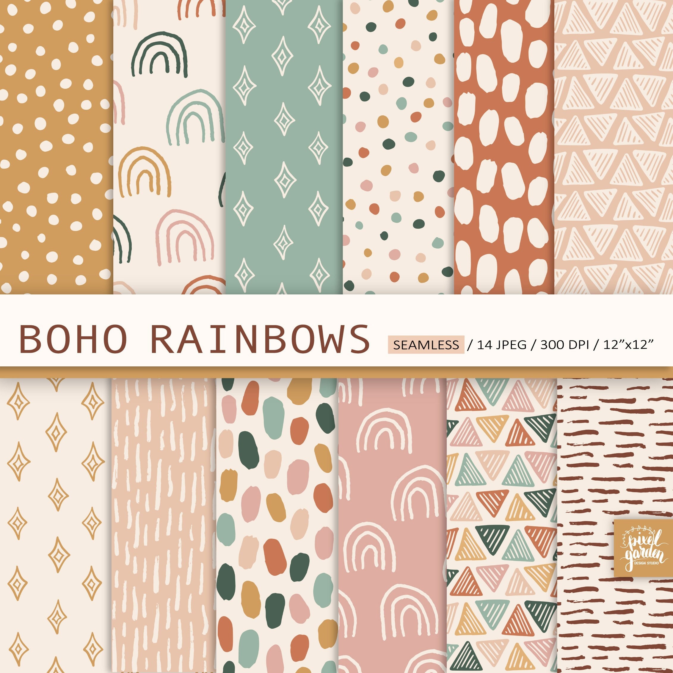 Boho Seamless Digital Paper. Boho Rainbow Scrapbook Paper. Polka Dot ...