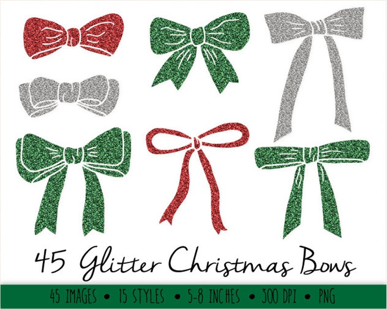 Christmas Bows Clip Art. Hand Drawn Digital Glitter Bow.sparkly Holiday ...