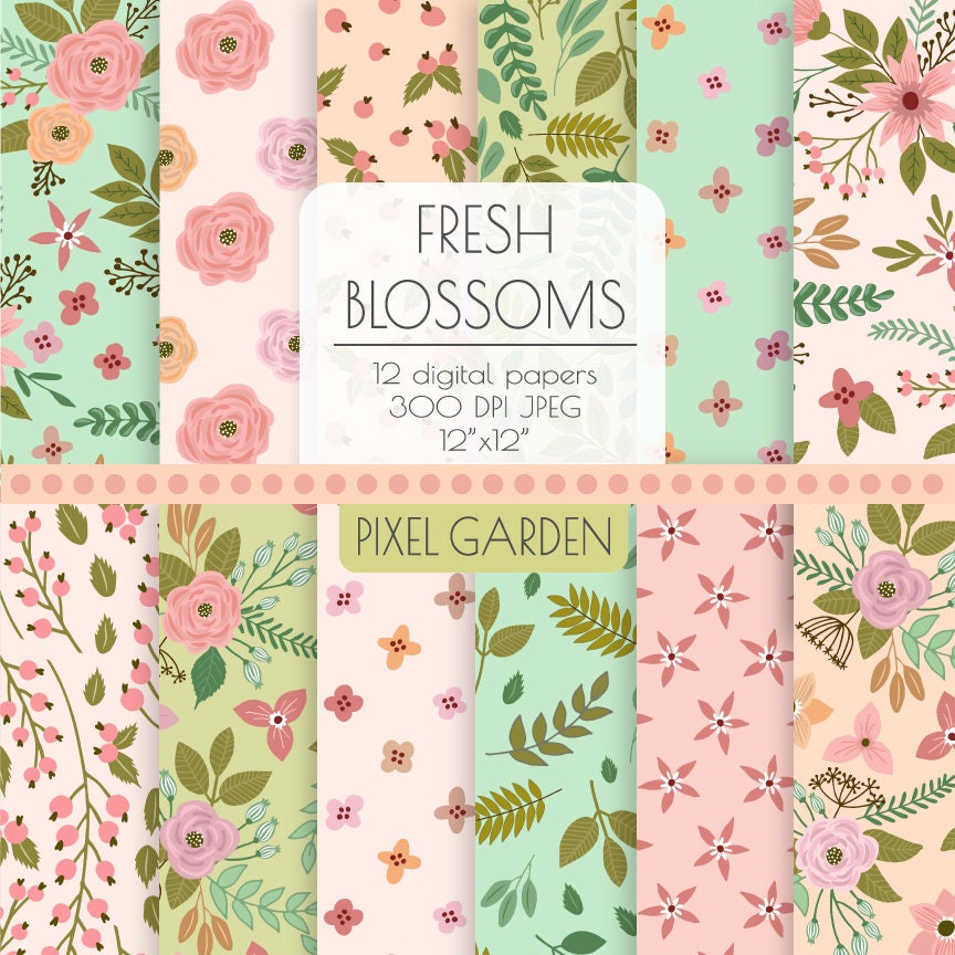 Mint, Pink Floral Digital Paper. Cottage Chic Scrapbook Paper. Hand ...