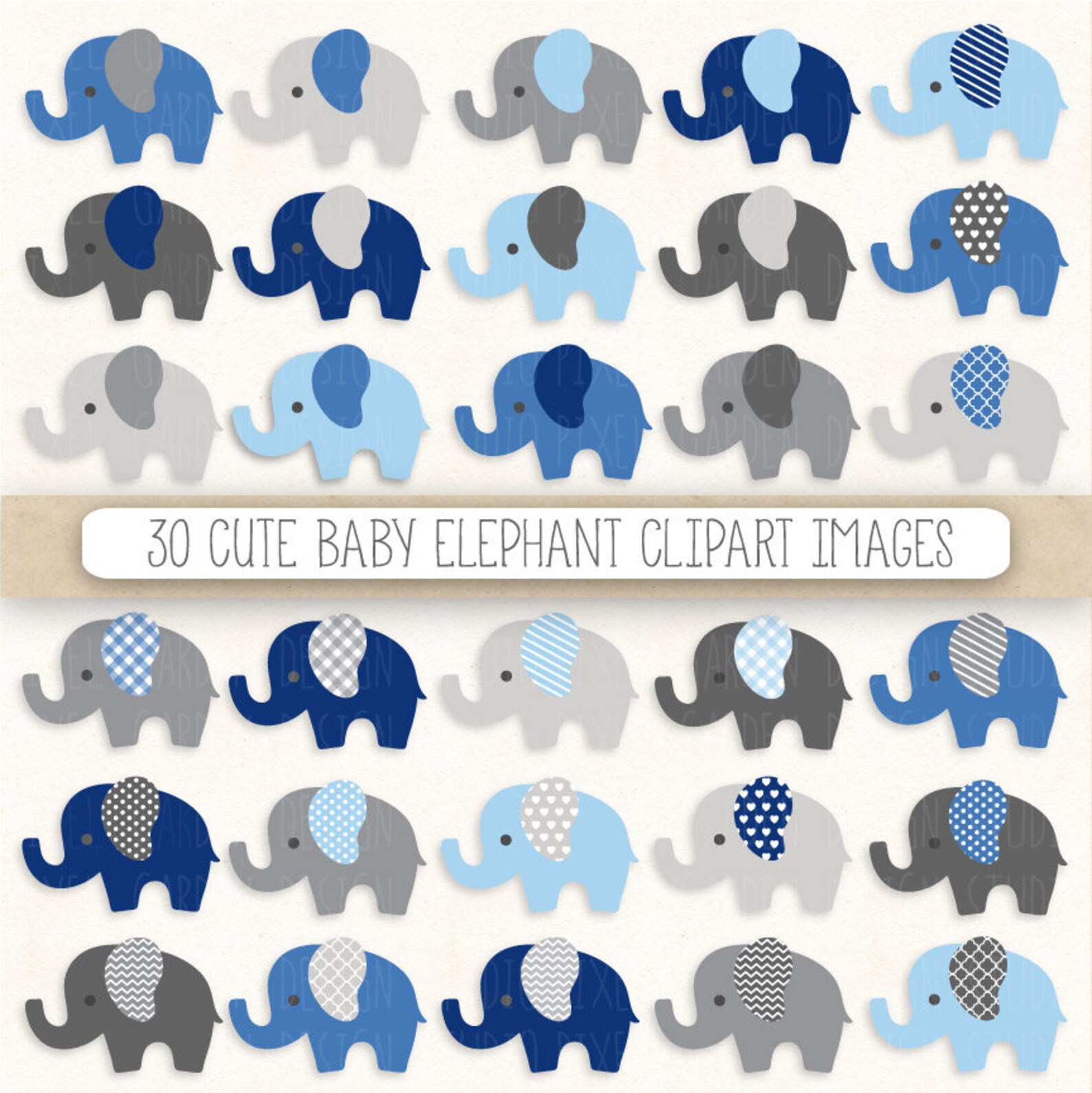Navy Gray Elephant Clip Art. Boy Baby Shower Digital Paper | Etsy
