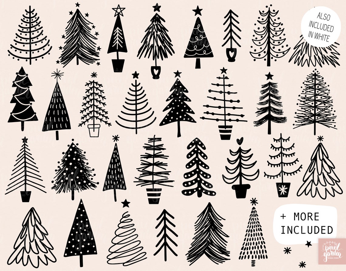 Black & White Christmas Tree Clipart. Hand Drawn Minimalist ...