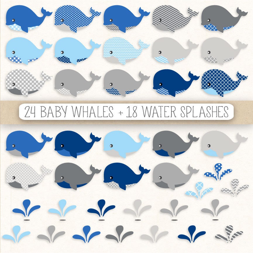 Blue Whale Clip Art. Baby Boy Shower Digital Paper & Banners in Navy ...