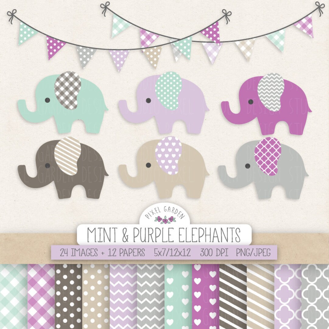 Elephant Clipart. Baby Shower, Nursery Clip Art & Digital Paper. Mint ...