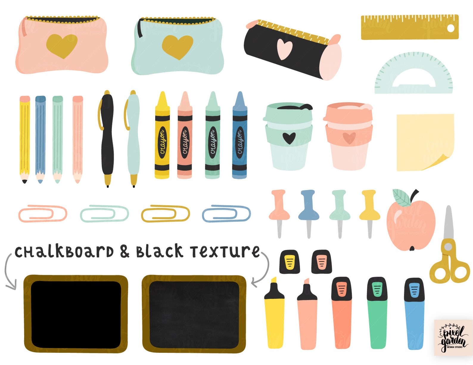 Back to School Clipart. Hand Drawn School Clipart. Office Supplies ...