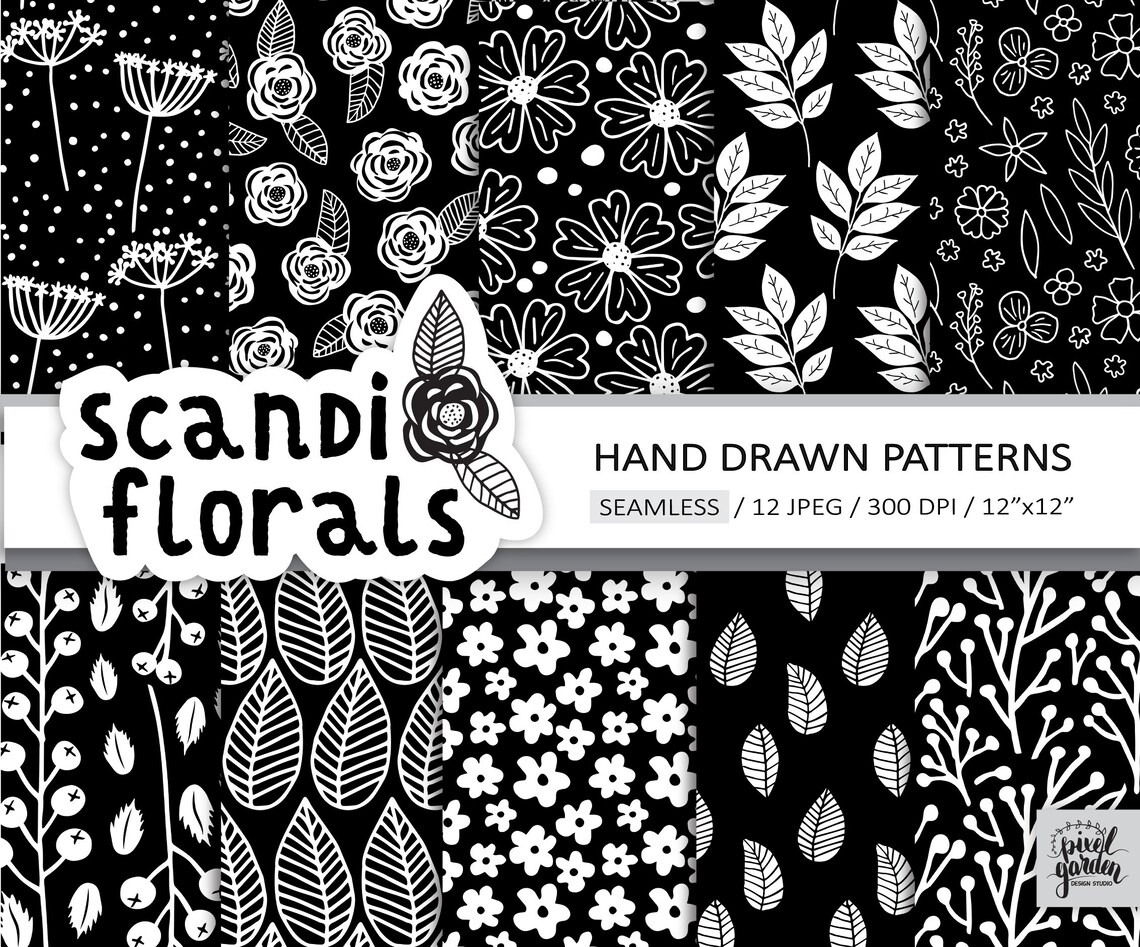 Black and White Floral Digital Paper. Seamless Minimalist Rose - Etsy