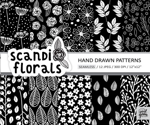 Black and White Floral Digital Paper. Seamless Minimalist Rose | Etsy