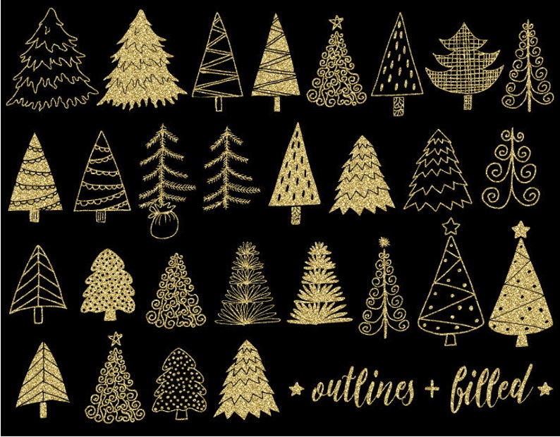 Glitter Christmas Tree Clipart. Gold Christmas Illustration. - Etsy