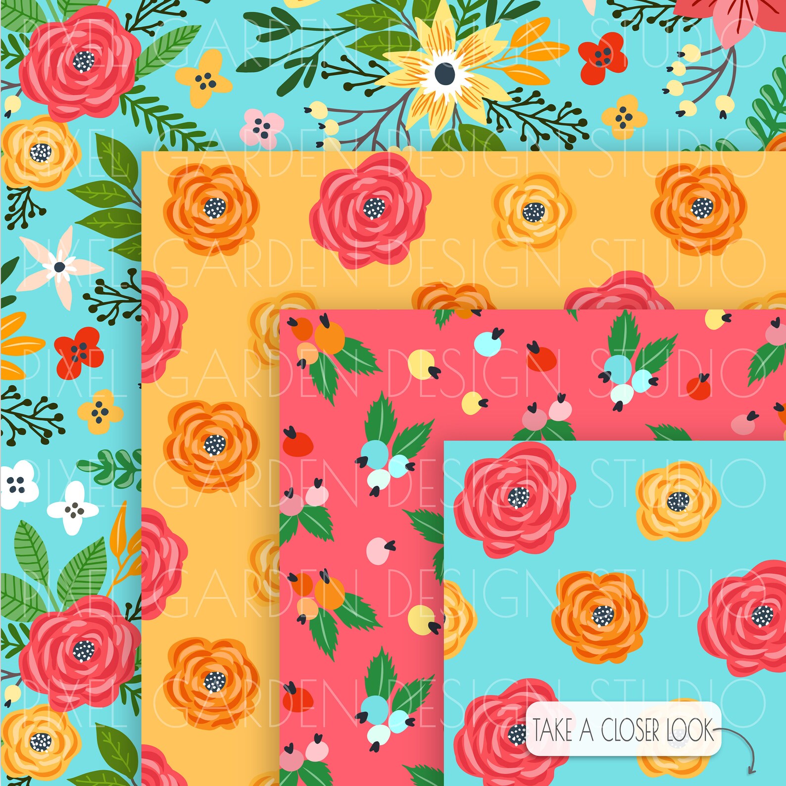 Yellow, Turquoise Floral Digital Paper. Peony, Rose Blossom Coral, Blue ...