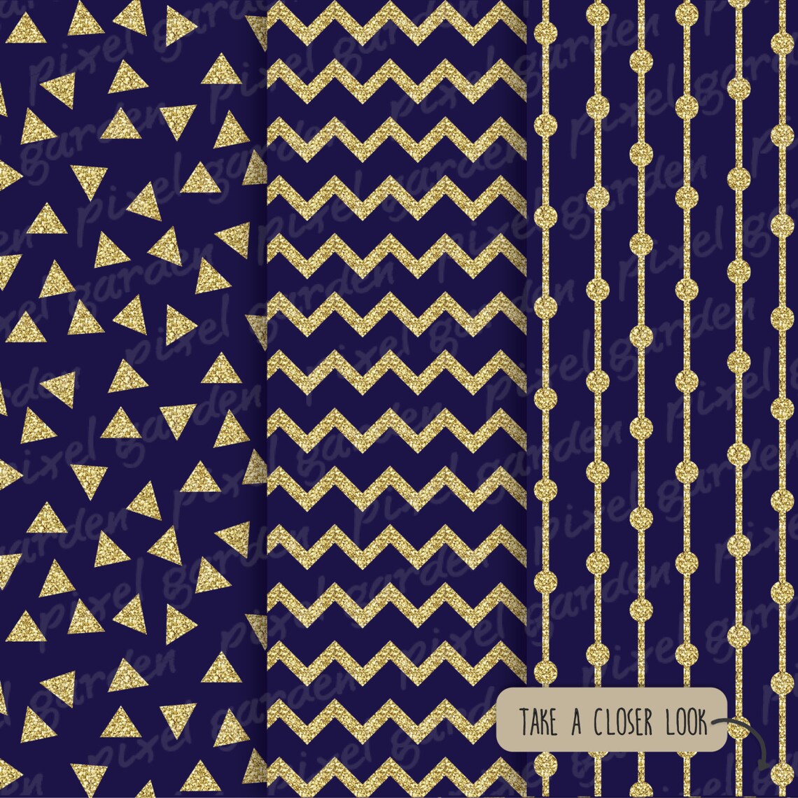 Navy and Gold Glitter Digital Paper Pack. Quatrefoil Polka | Etsy