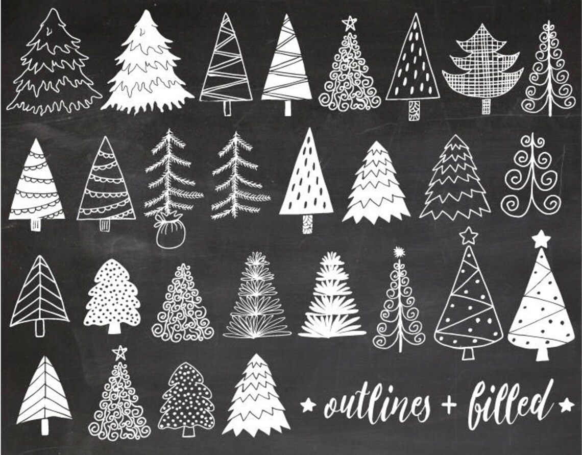 Chalk Christmas Tree Clipart. Hand Drawn Chalkboard Christmas - Etsy