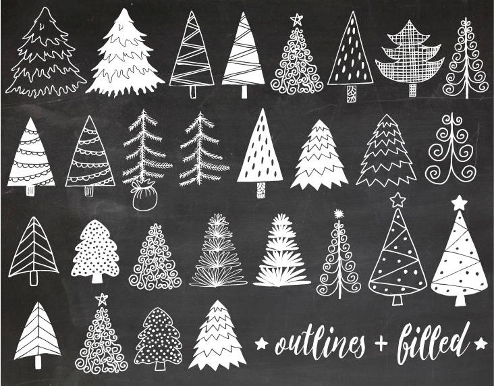 Chalk Christmas Tree Clipart. Hand Drawn Chalkboard Christmas - Etsy