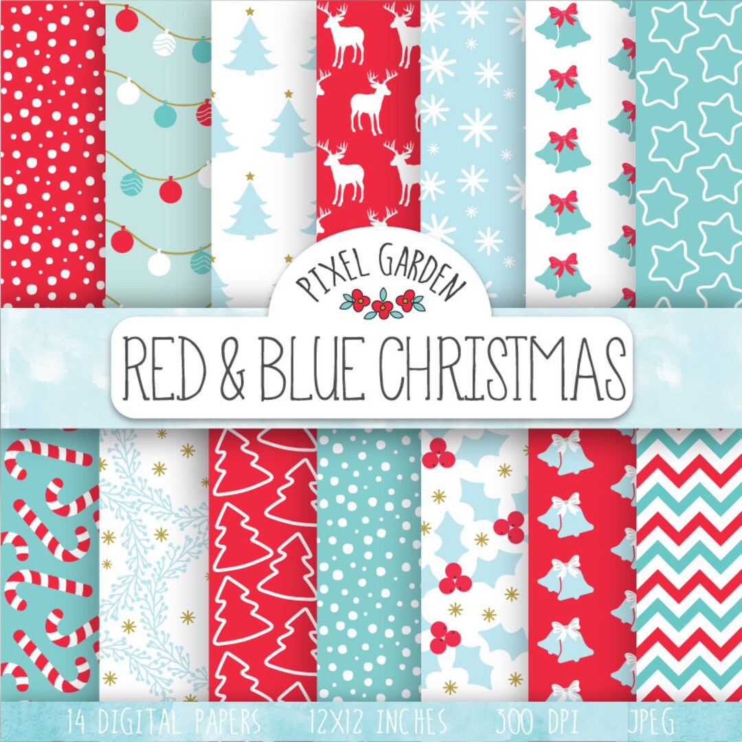 Christmas Digital Paper. Red, Blue, Mint, Aqua Christmas Background ...