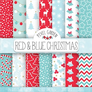 Christmas Digital Paper. Red, Blue, Mint, Aqua Christmas Background ...