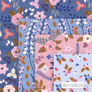 Shabby Floral Digital Paper. Rose, Peony Blossom, Flower Patterns. Navy ...