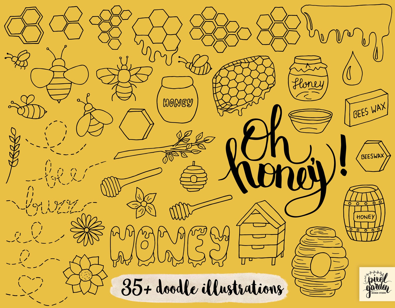 Bee Clipart. Hand Drawn Honey, Hive Clip Art. Doodle Bee Coloring ...