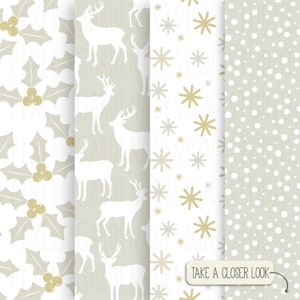 White Christmas Digital Paper. Cream, Gold Patterns. Winter Holidays ...