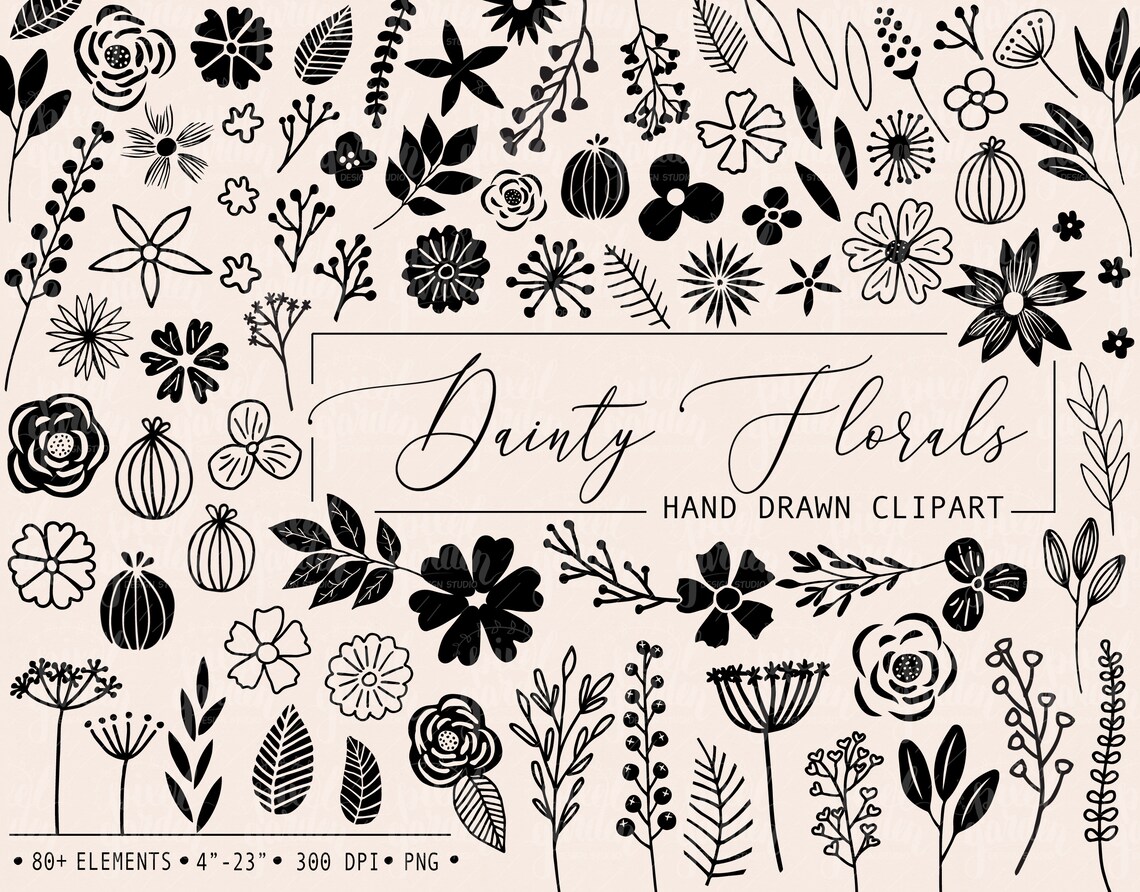 Hand Drawn Floral Clip Art. Doodle Wildflower Elements. Hand - Etsy