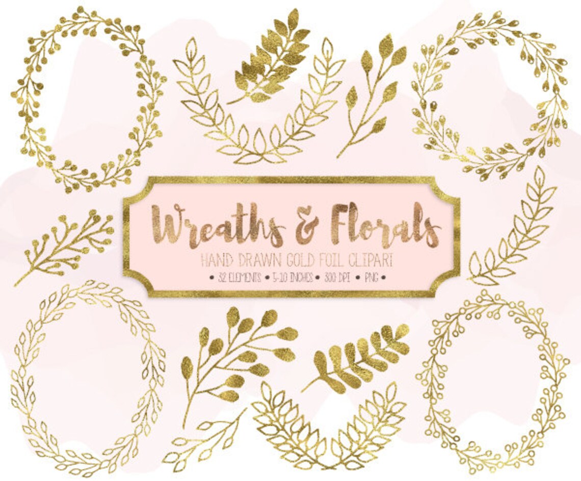 Gold Wreaths & Laurels Clip Art. Gold Foil Floral Elements - Etsy
