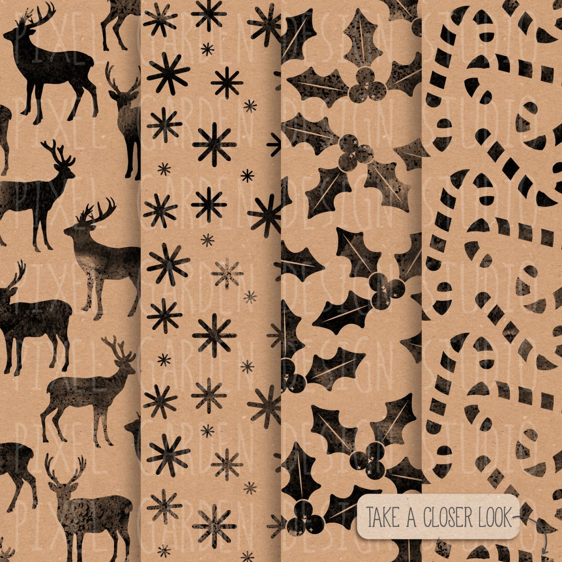 Kraft Christmas Digital Paper. Watercolor Christmas Stamp - Etsy