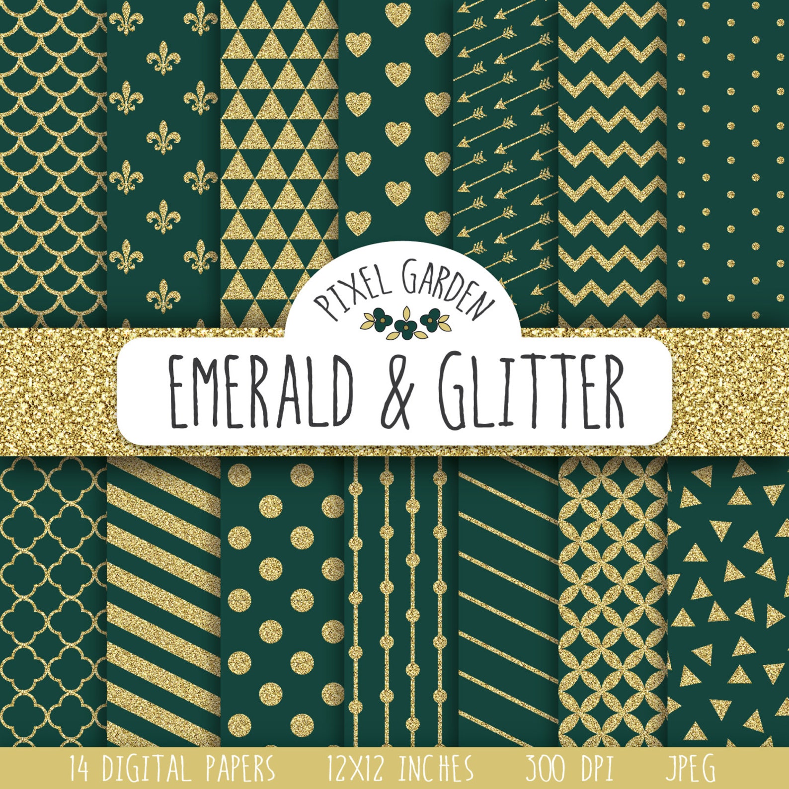 Green and Gold Glitter Digital Paper. Emerald Green Glitter - Etsy