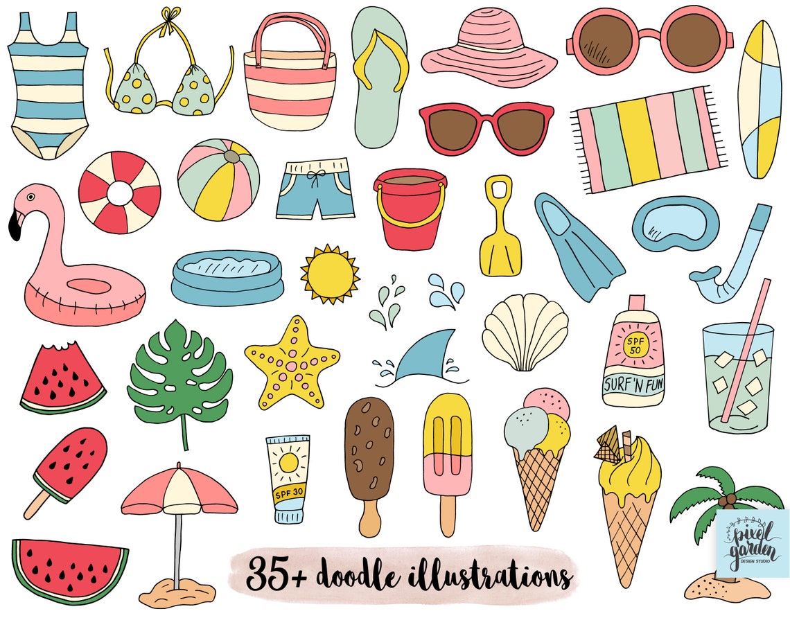 Summer Clipart. Hand Drawn Beach Vacation Holiday Clip Art. - Etsy