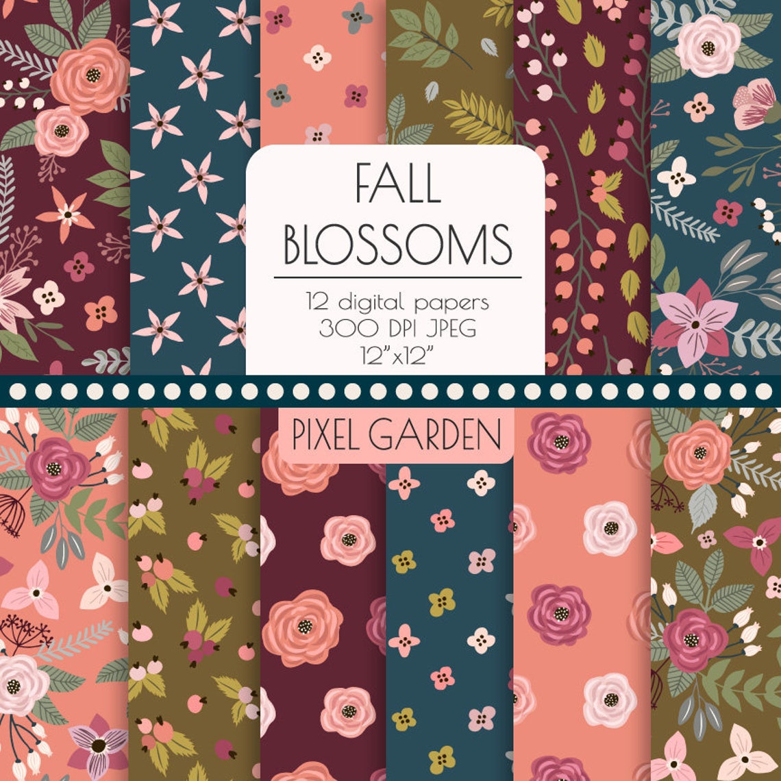 Fall Floral Digital Paper. Autumn Rose Peony Flower Patterns. | Etsy