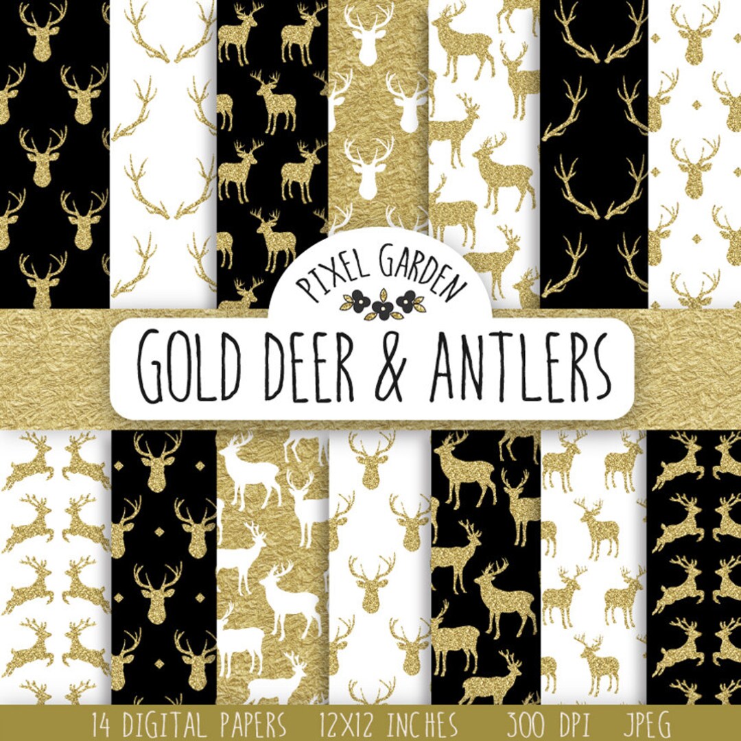 Deer Digital Paper. Gold Glitter Antler Scrapbook Background. Gold Deer ...