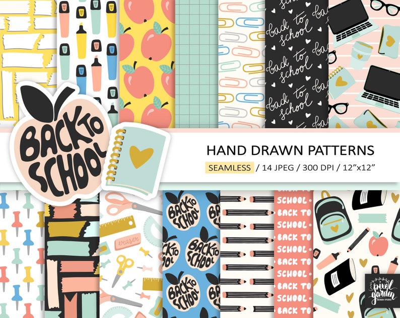 Back to School Digital Paper. Hand Drawn Office Supplies, Student ...