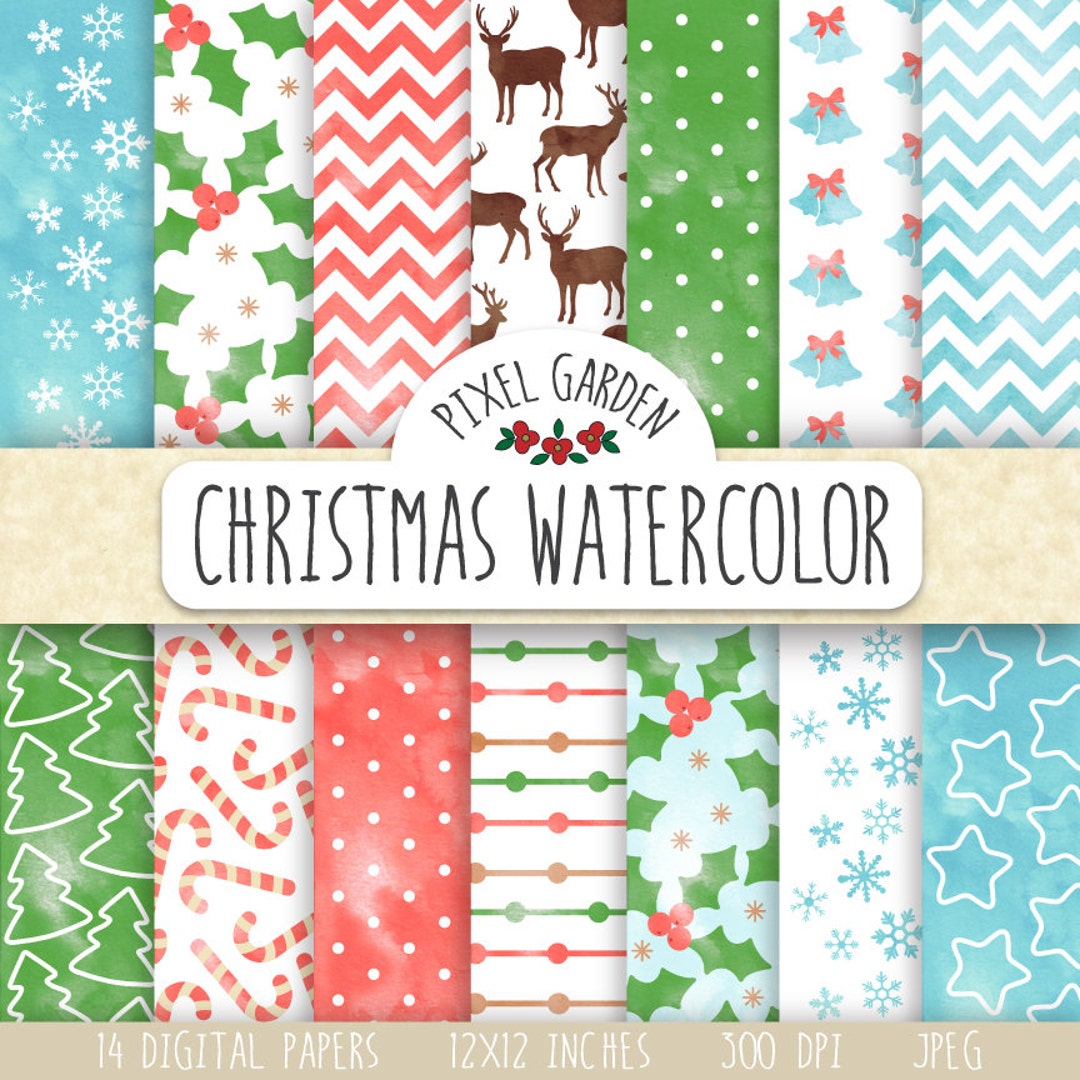 Christmas Watercolor Digital Paper. Red, Green Christmas Watercolor ...