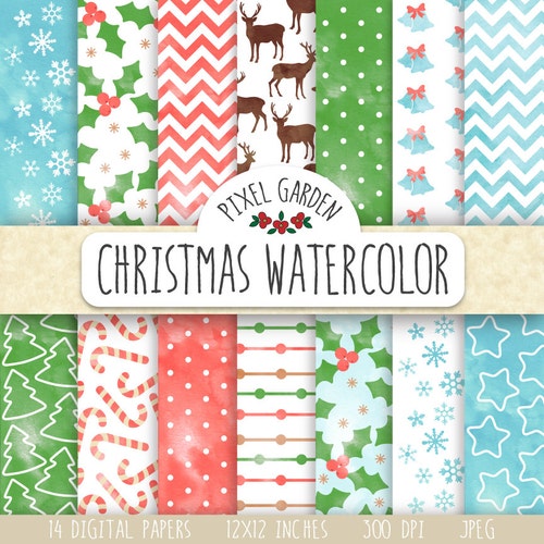 Christmas Watercolor Papers Bright RED & GREEN Digital Paper - Etsy