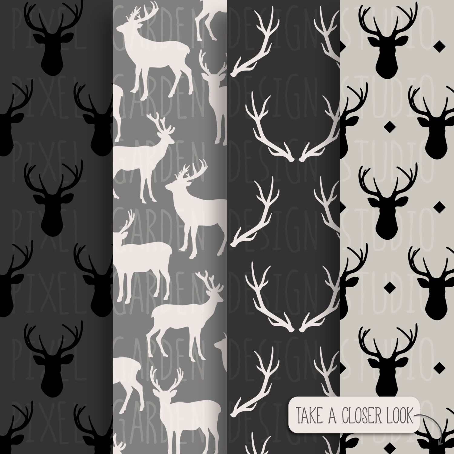 Deer Digital Paper. Antler Scrapbook Paper. Black White Deer | Etsy