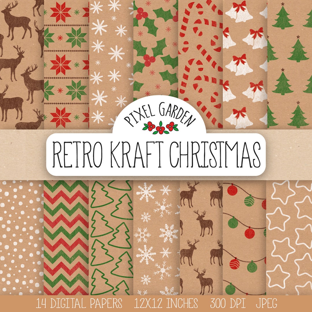 Rustic Christmas Digital Paper. Red, Green Kraft Christmas Scrapbook ...