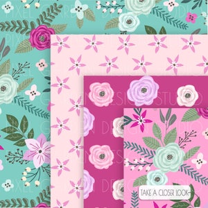 Tropical Floral Digital Paper. Pink & Teal Cottage Chic Scrapbook Paper ...