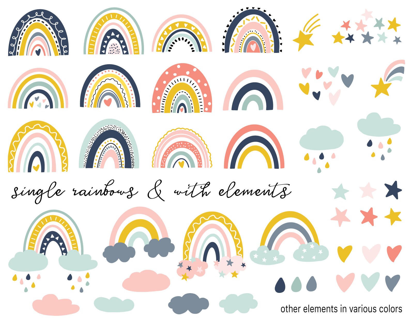 Doodle Pastel Rainbows Clip Art. Hand Drawn Nursery Art. Boho Rainbow ...