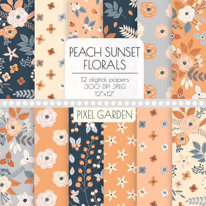 Peach Gray Floral Digital Paper. Peach Navy Shabby Chic - Etsy