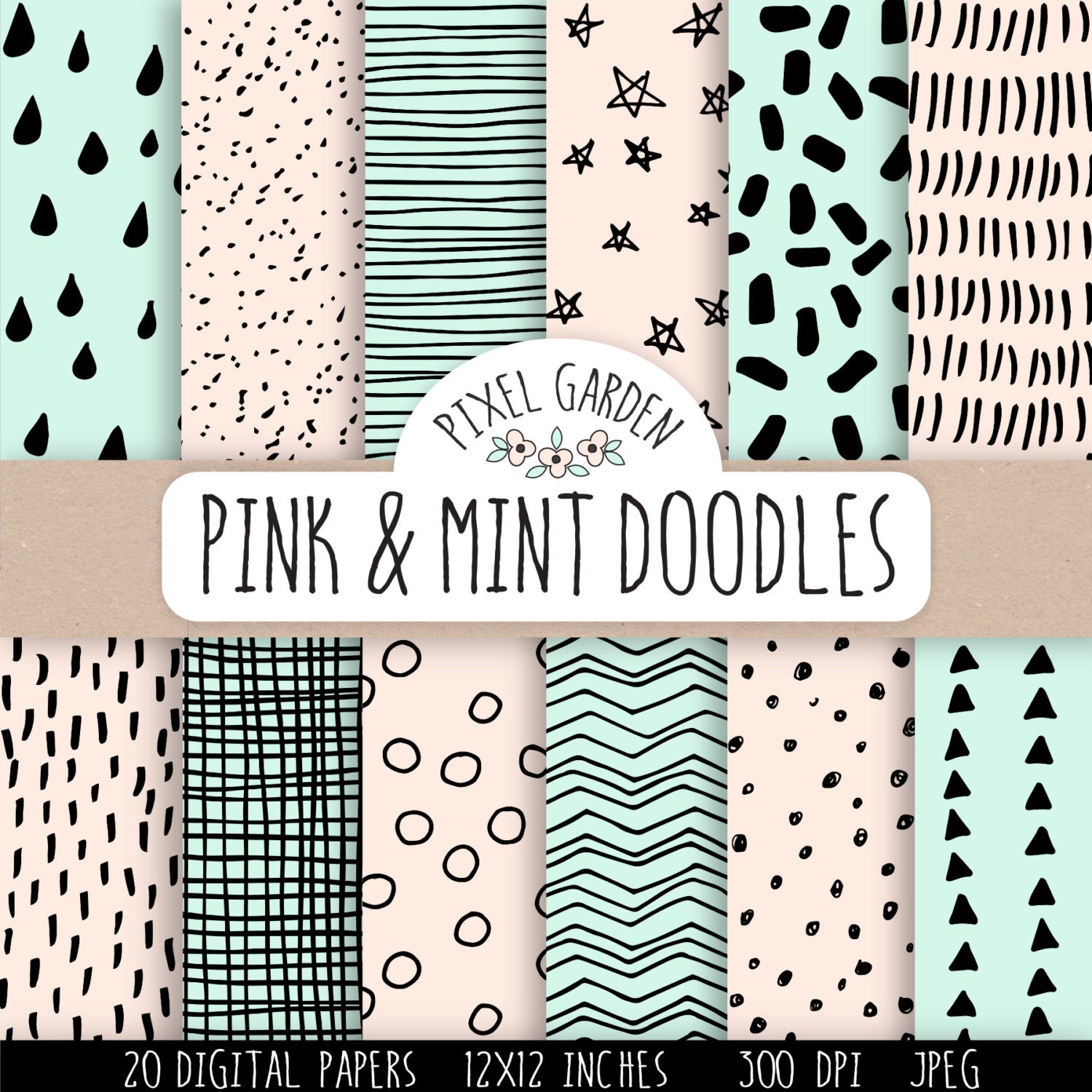 Hand Drawn Mint and Pink Doodle Digital Papers. Mint Geometric | Etsy