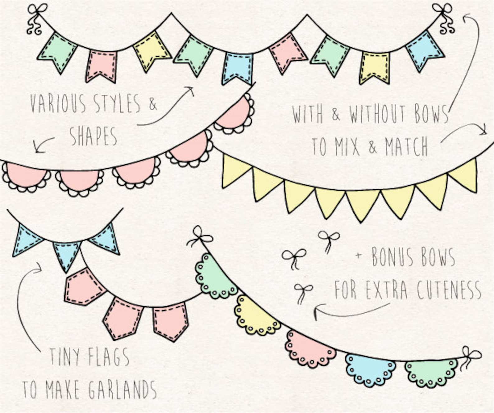 Bunting Banner Clip Art. Doodle Flag Banners. Hand Drawn Party Garland ...