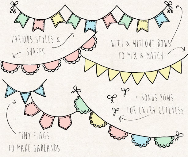 Bunting Banner Clip Art. Doodle Flag Banners. Hand Drawn Party Garland ...