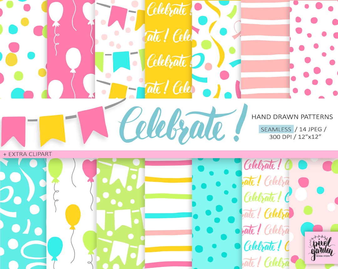 Birthday Digital Paper. Hand Drawn Party Digital Backdrop. Celebration ...