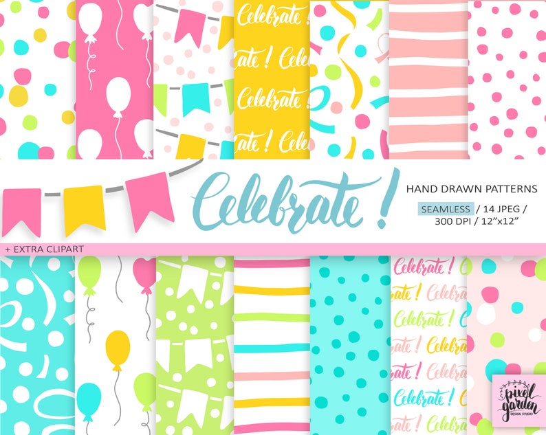 Birthday Digital Paper. Hand Drawn Party Digital Backdrop. | Etsy